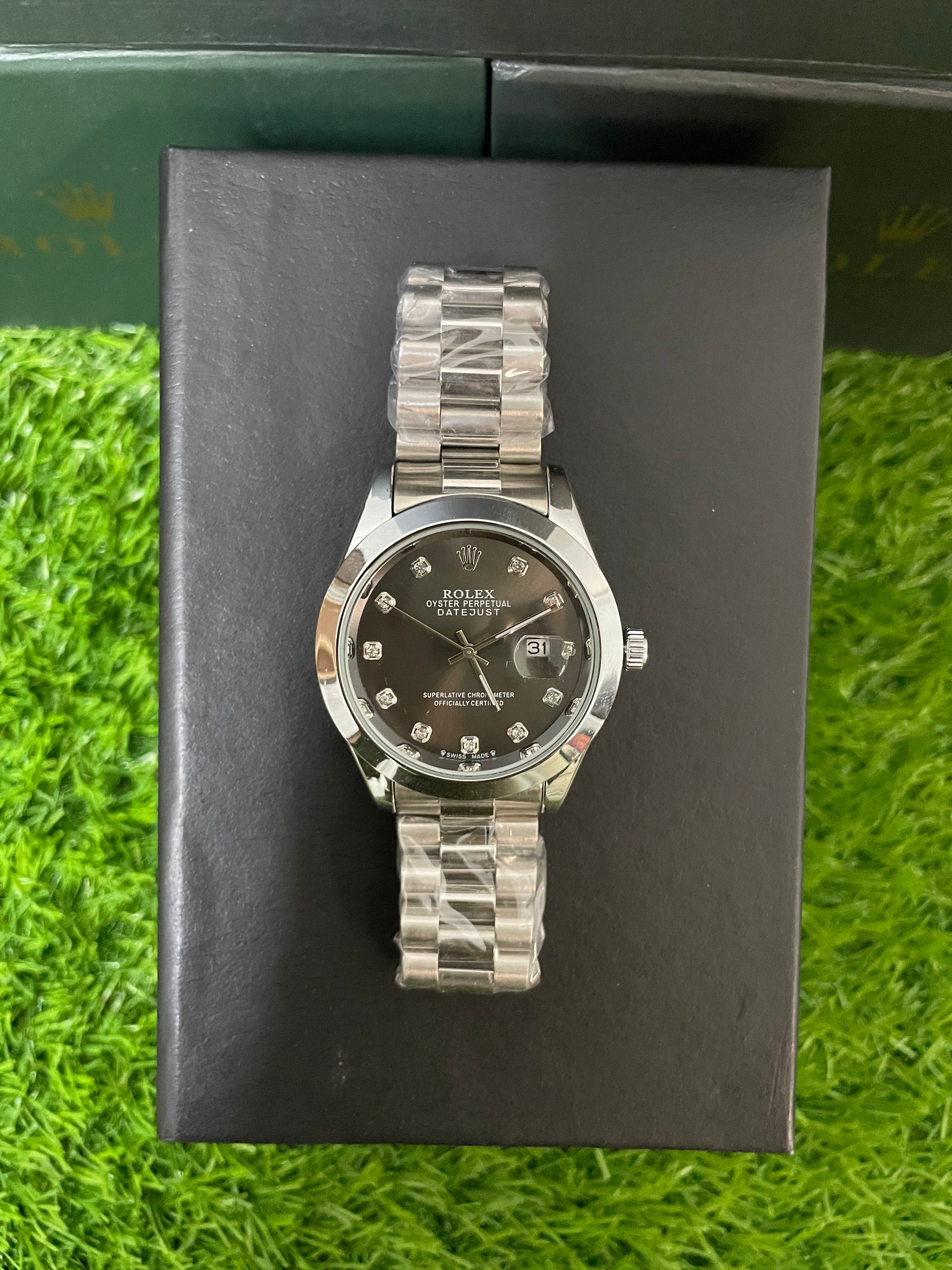 Rolex Date-Just with Black Dial with Silver chain – Digital Dukkan